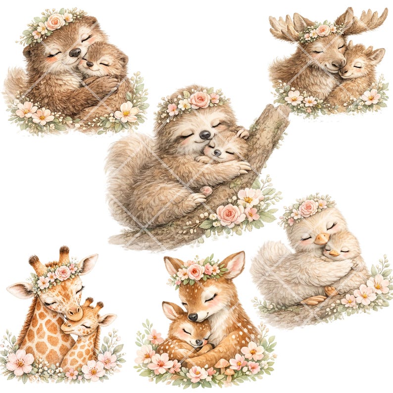 Watercolor Mother Baby Animal Clipart, Nursery Art, Baby Shower ...
