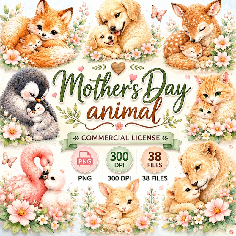 Watercolor Mother Animal Clipart, Mom Baby PNG Graphics, Floral Nursery ...