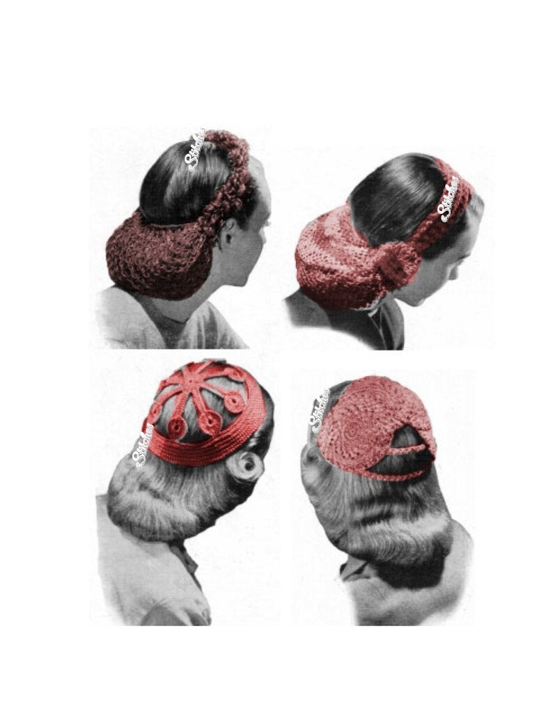1940s Snood Set of 4 Head Coverings Hats - 4 Crochet Patterns PDF 0435 ...