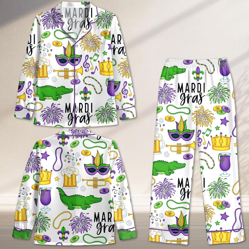 Mardi Gras Satin Pajamas Set, Funny New Orleans Carnival Themed Pajamas ...