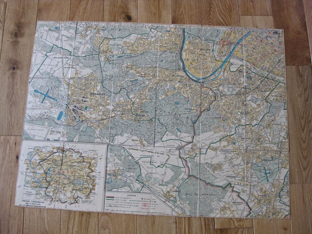 Paris Map Vintage Linen Backed Map of Region Parisienne Sud - Etsy