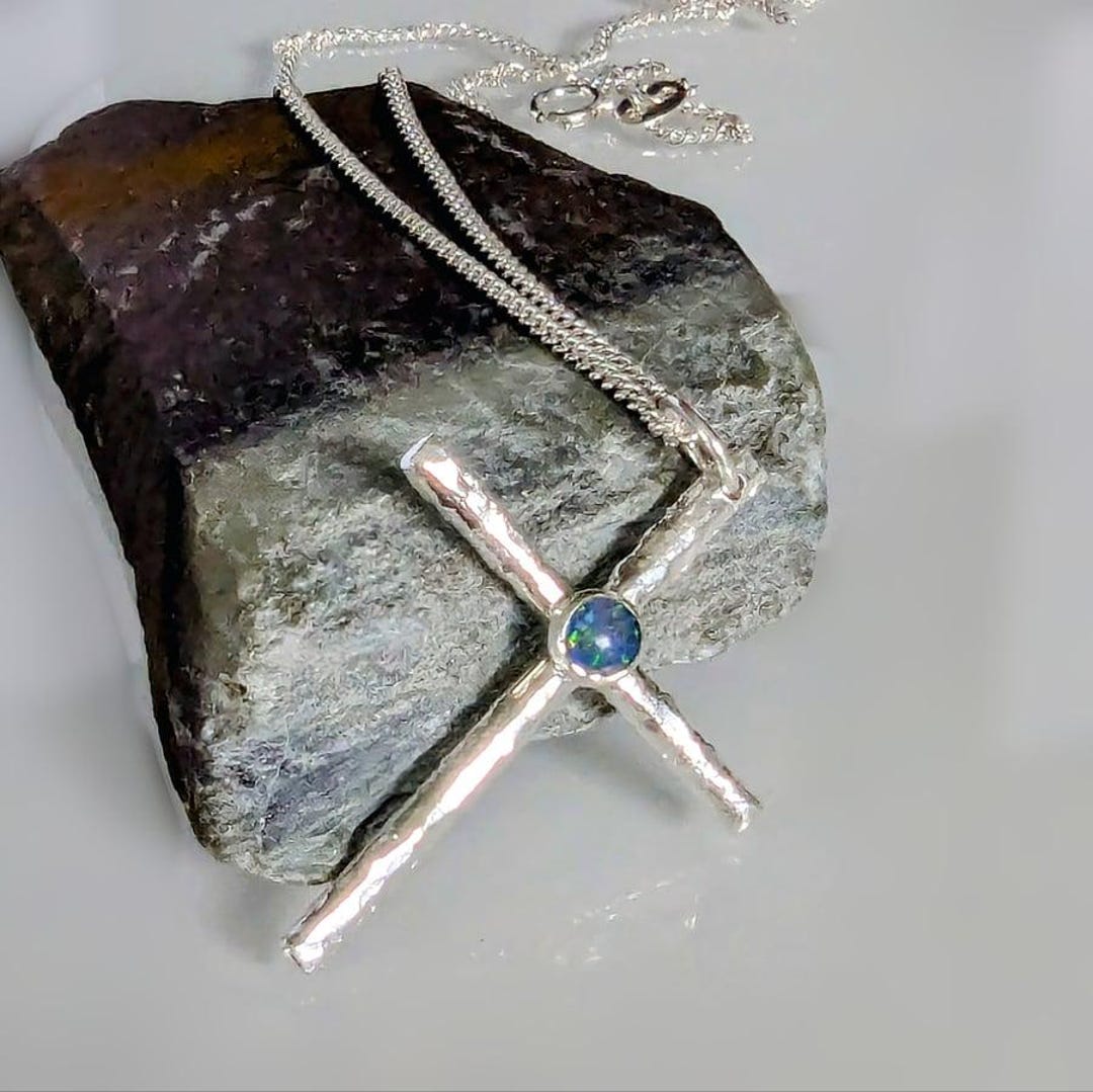 Recycled Sterling Silver Opal Cross Pendant: Flame Textured Scottish ...