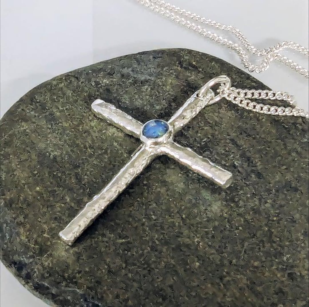 Recycled Sterling Silver Opal Cross Pendant: Flame Textured Scottish ...
