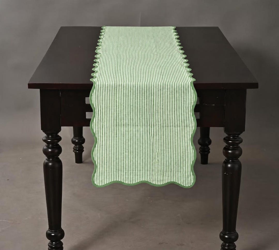 Sage Green Striped Linen Table Runner Coral Piping Scalloped Edge ...