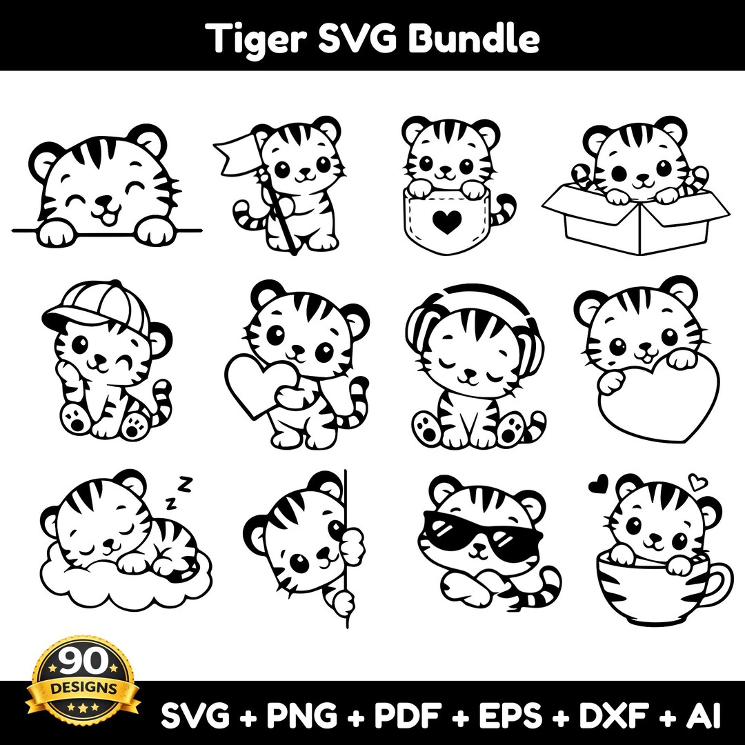 Kawaii Tiger SVG Bundle, Jungle Animal Clipart, Big Cat PNG (digital ...