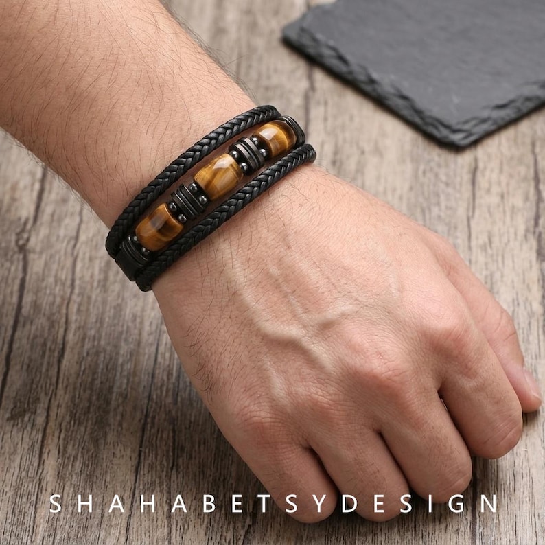 Personalized Tiger Eye Leather Bracelet, to My Bonus Dad Engraved ...