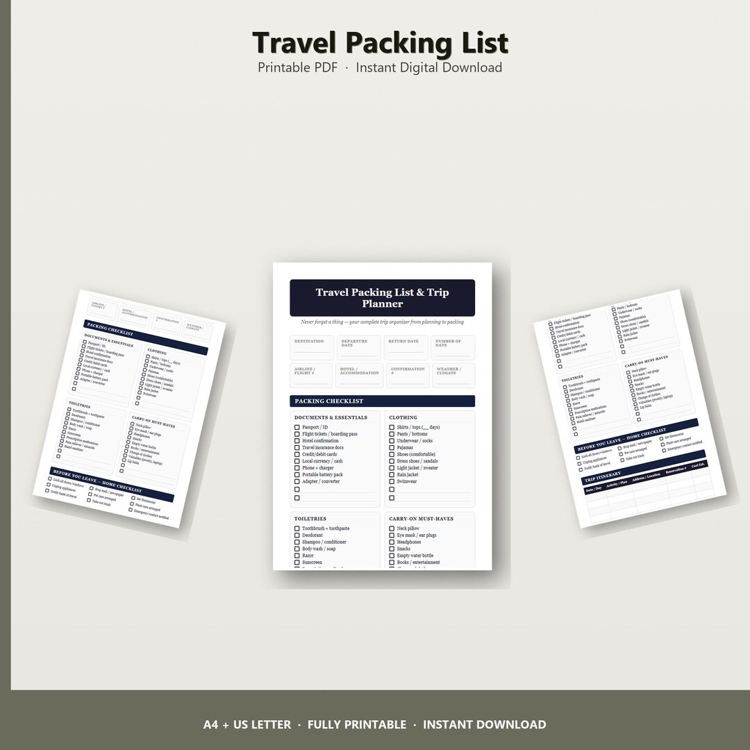 Travel Packing List Printable | Vacation Checklist | Trip Planner ...