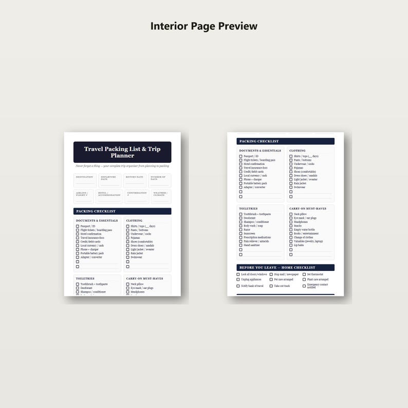 Travel Packing List Printable | Vacation Checklist | Trip Planner ...