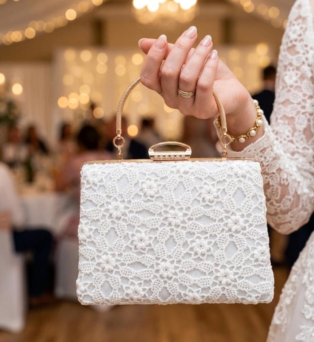 White Lace Bridal Clutch Bag With Crystal Handle, Pearl Clasp Wedding ...