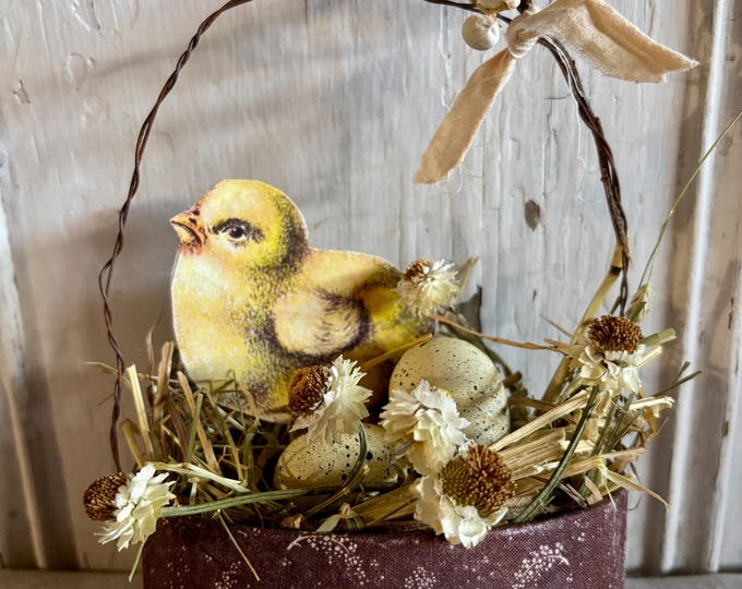 Primitive Grungy Easter Chick in an Oval Paper Mache Box, Small Easter ...