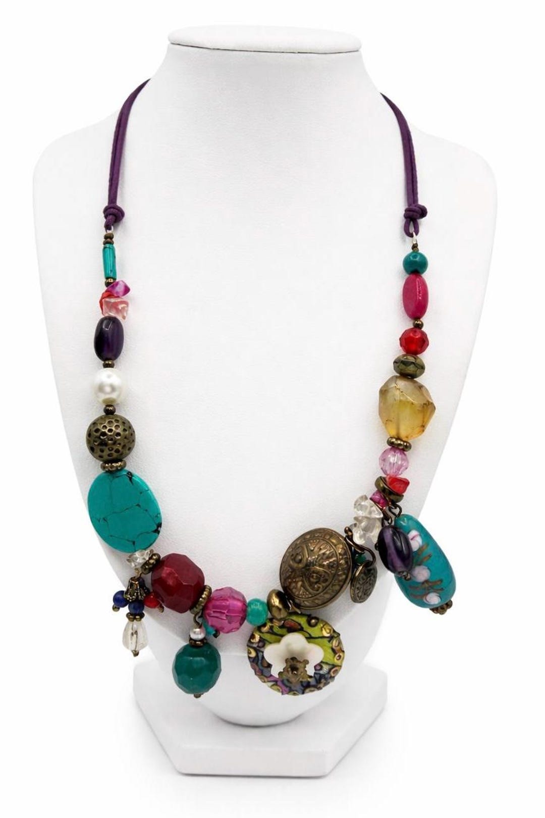 Boho Statement Necklace, Multicolor Beaded Locket Charm, Vintage Style ...