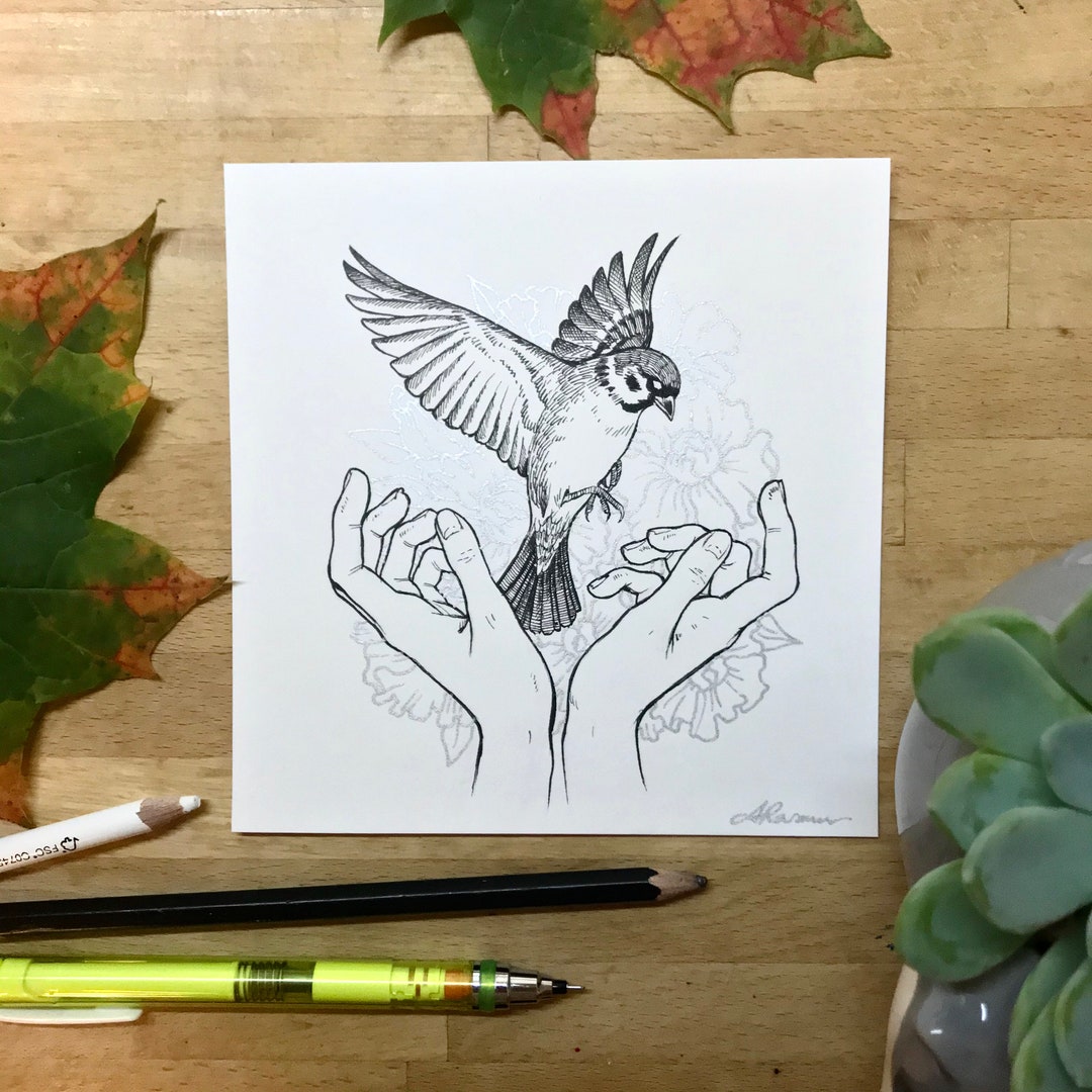Sparrow | Original Drawing | Ink With Embellished Silver Detail - Etsy