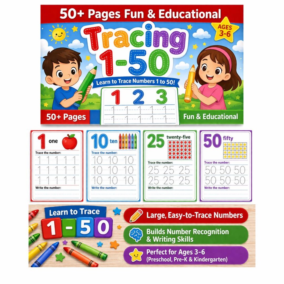 Tracing Numbers 1-50 Workbook | Preschool Math Activities (ages 3-6) - Etsy
