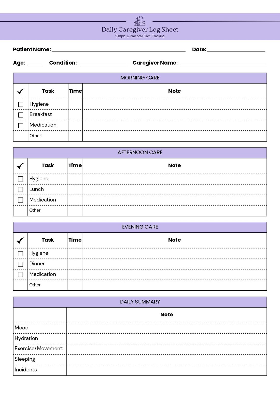 Caregiver Daily Log Sheet Printable | Elderly Care Tracker | Home Care ...