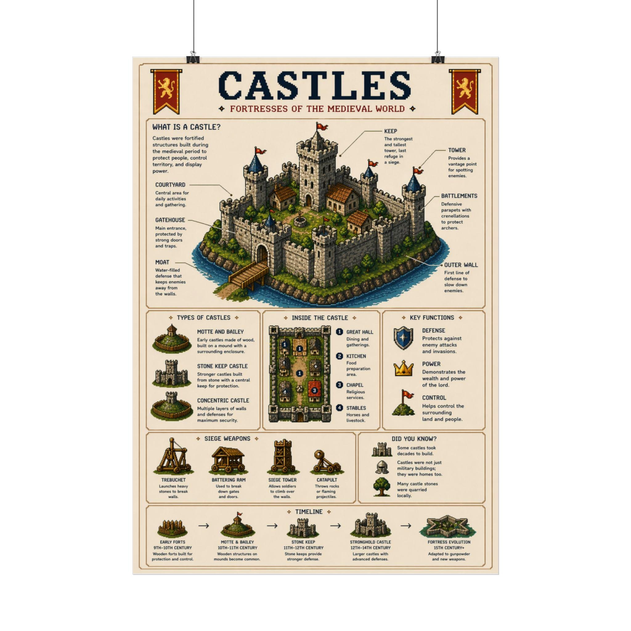 Castles Pixel Art Infographic Poster | Medieval Castle Diagram, History ...