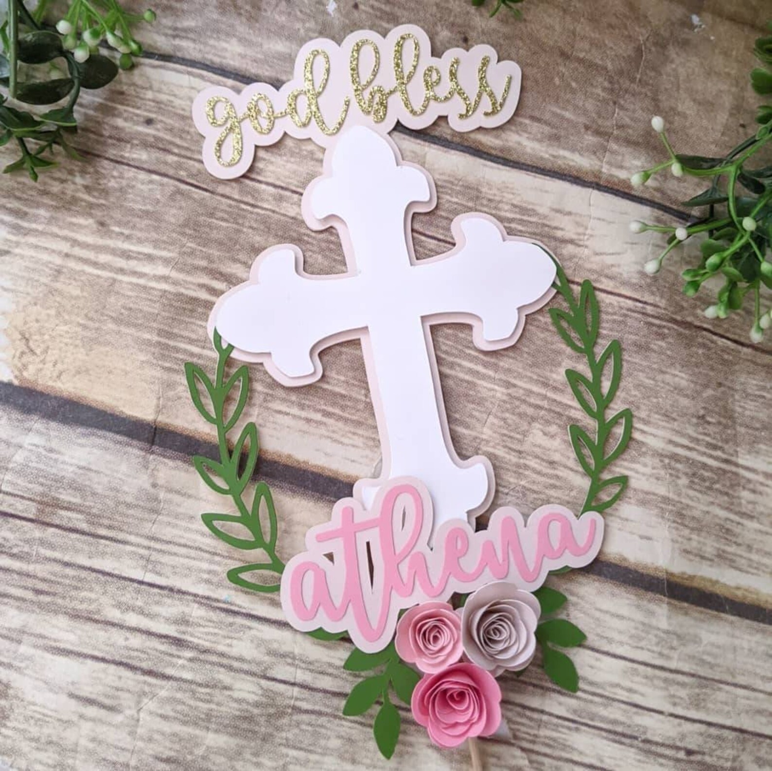 Baptism God Bless Cross Cake Topper Confetti Flower Floral | Etsy