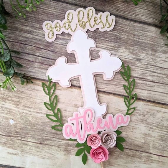 Baptism God Bless Cross Cake Topper Confetti Flower Floral | Etsy
