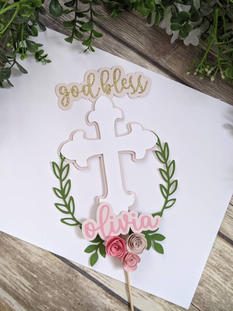 Baptism God Bless Cross Cake Topper Confetti Flower Floral | Etsy