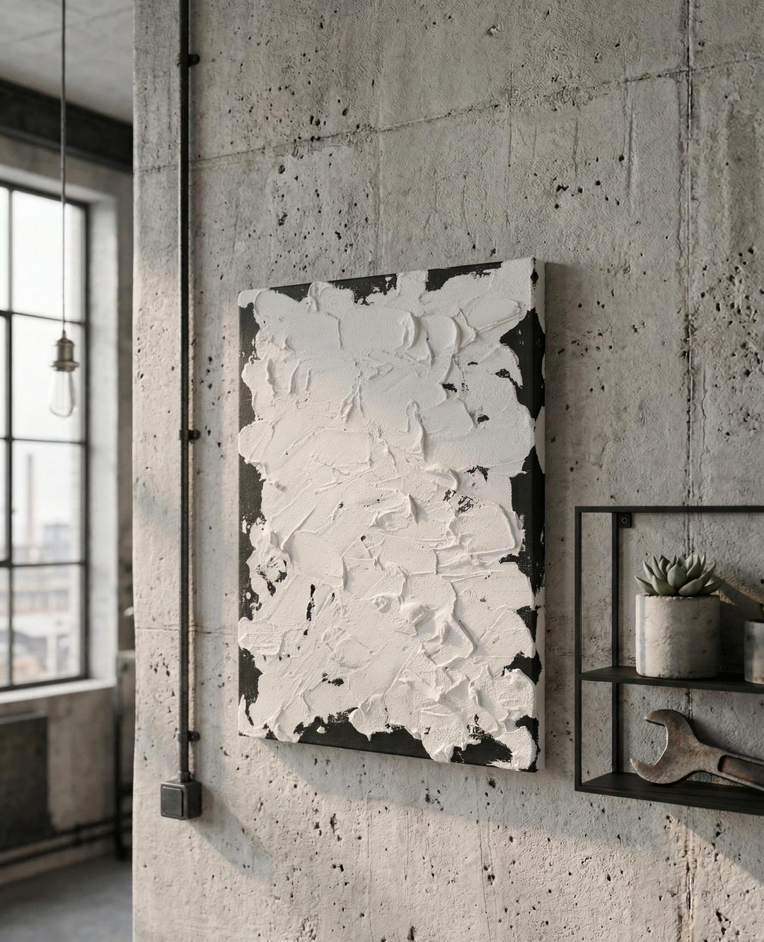 Textured Abstract Black White Painting, Minimalist Modern Canvas Wall ...