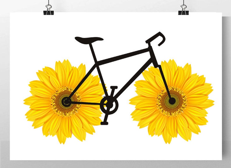 Happy Sunflower Bicycle Art Print, Bike Poster, Mixed Media Decorative ...