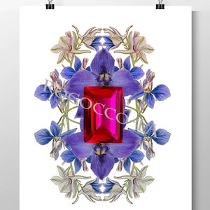 Birth Stone&flower Print/july/ruby/larkspur/mixed Media Art ...