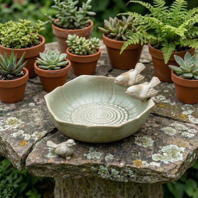 Ceramic Bird Bath Bowl With Twin Birds | Vintage Garden Decor, Outdoor ...