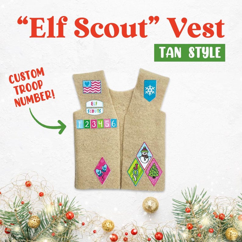 Elf Scout Vest, Cadette-inspired, Custom Troop Number, Tan Elf Scout ...