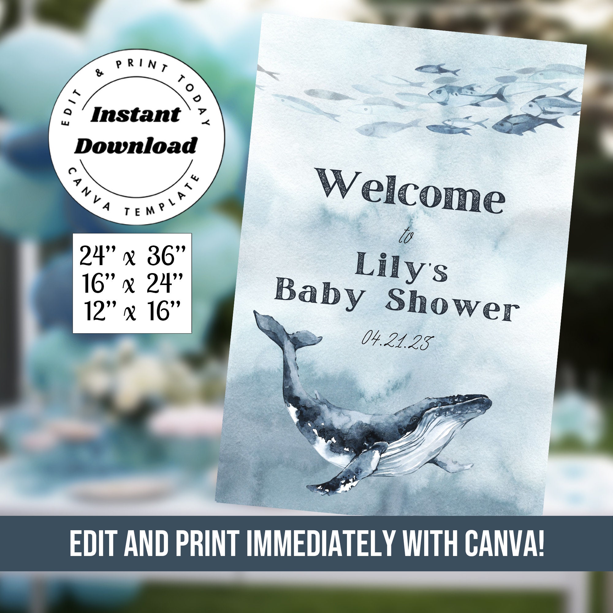 EDITABLE Whale Baby Shower Welcome Sign, Printable Template, Edit in ...
