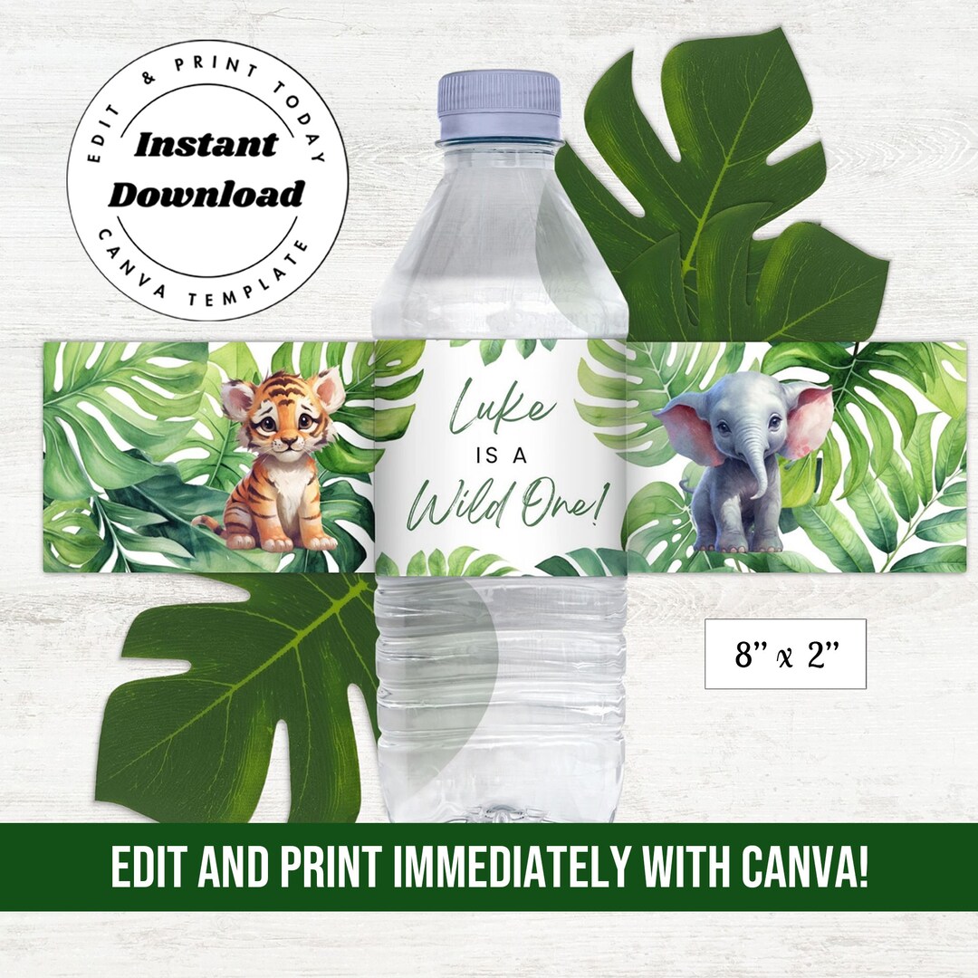 EDITABLE Safari Wild One Birthday Water Bottle Label, Wild One ...