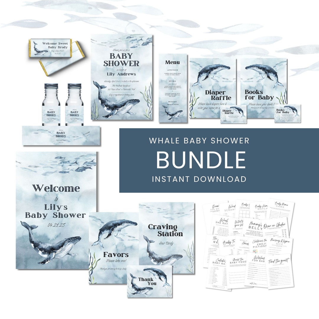 EDITABLE WHALE Baby Shower BUNDLE, Whales, Printable, Template, Navy ...