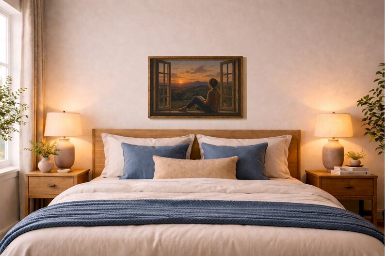 Atmospheric Sunset Reading Painting – Emotional Window Scene Wall Art ...