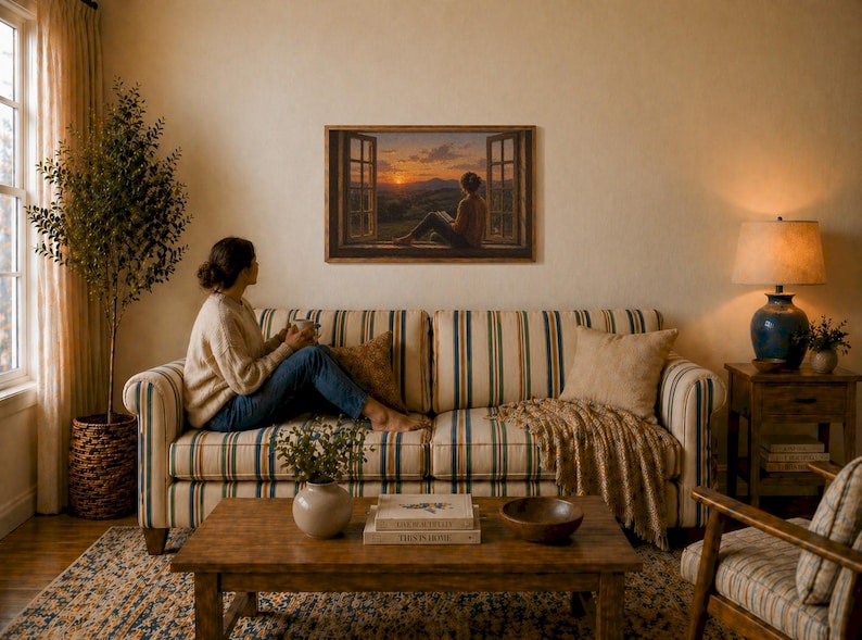 Atmospheric Sunset Reading Painting – Emotional Window Scene Wall Art ...
