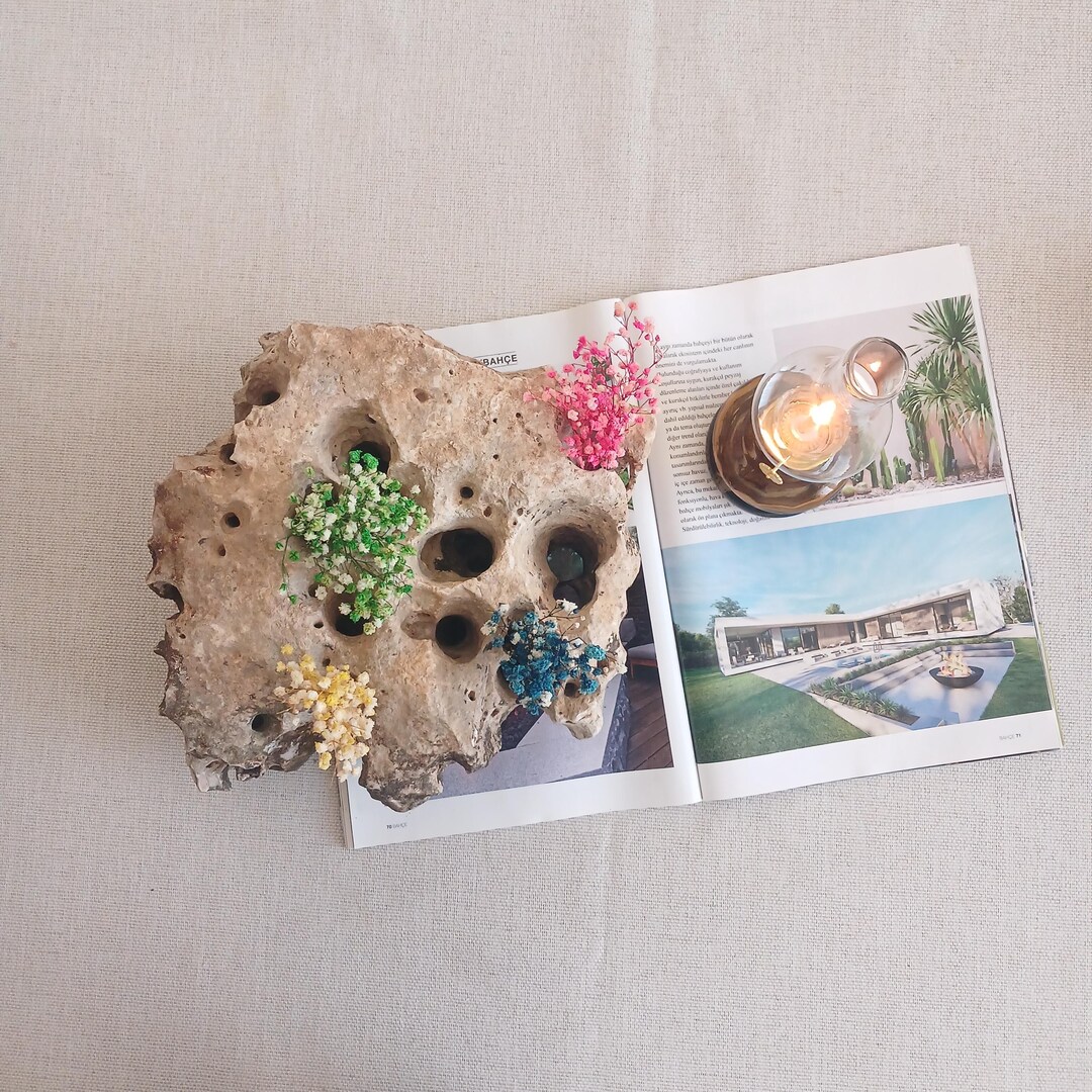 Raw Pitted Stone Planter, Travertine Vase, Primitive Rustic Candle ...