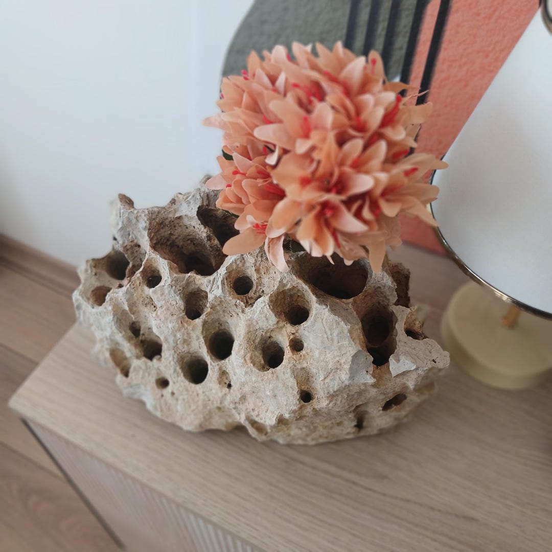 Natural Pitted Stone Sculpture, Brutalist Raw Limestone Vase, Organic ...