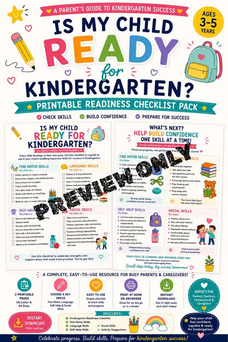Is My Child Ready for Kindergarten Printable Readiness Checklist Pack ...
