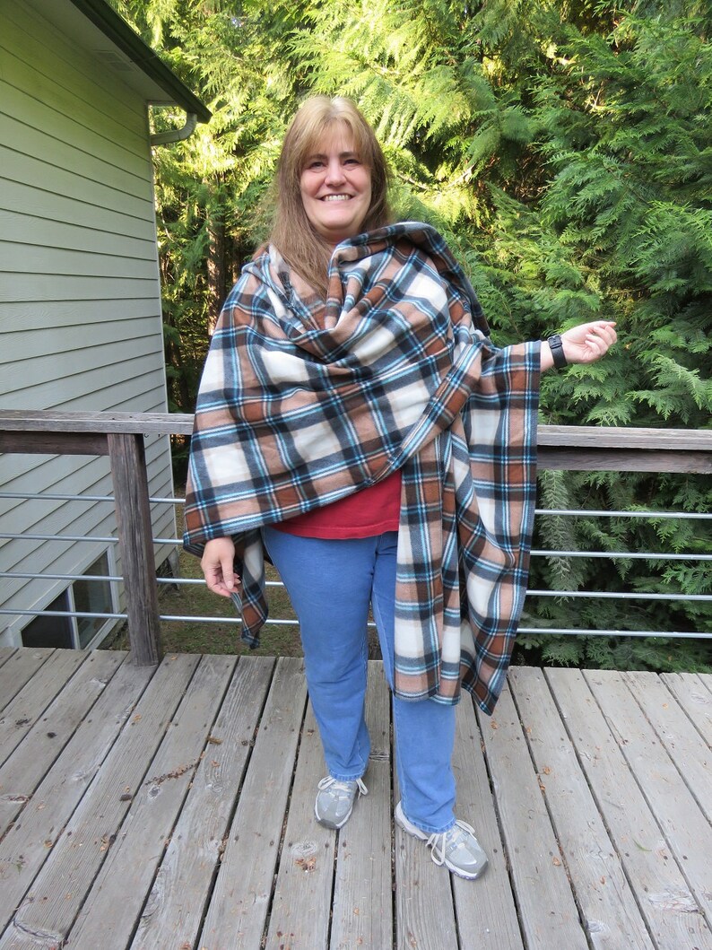 Fleece Wrap, Mens Poncho, Fleece Shawl, Plaid Wrap, Hooded Poncho ...
