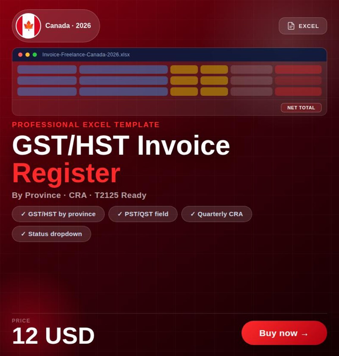 Excel GST HST Invoice Template Canada 2026 | Province Rates CRA T2125 ...