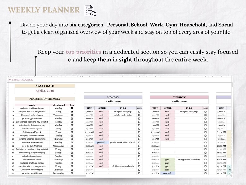 Google Sheet Life Planner | Weekly Time-blocking Planner | Bill and ...