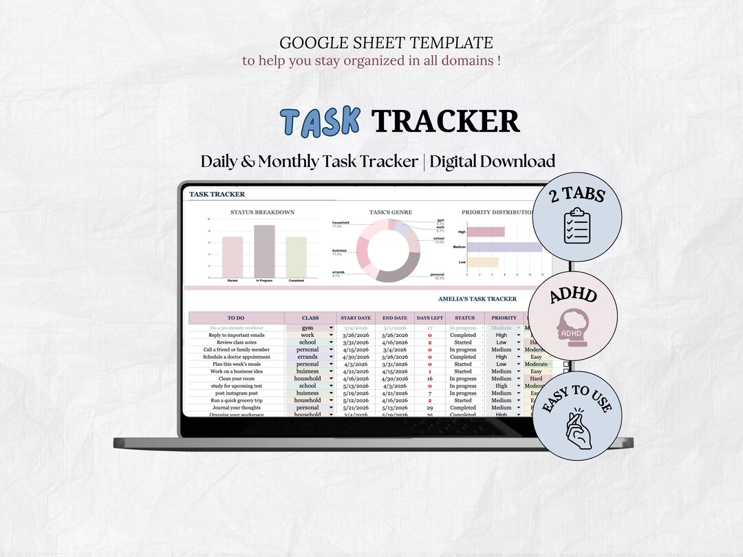 Task Tracker Spreadsheet | Monthly , Yearly Digital To-do List | Pastel ...