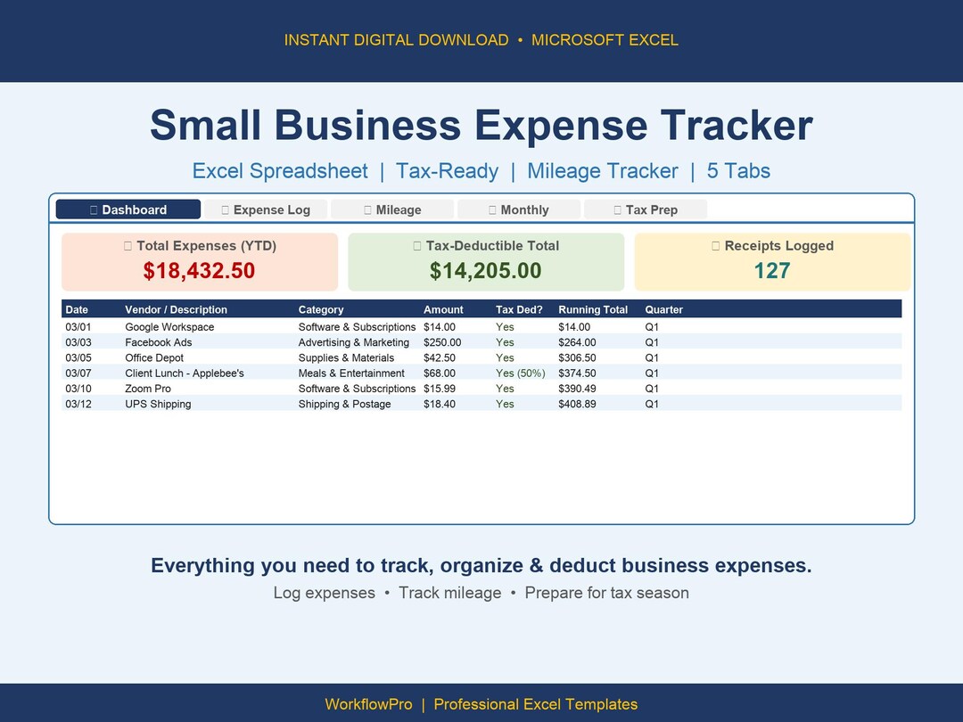 Small Business Expense Tracker Excel Spreadsheet | Tax Deduction ...
