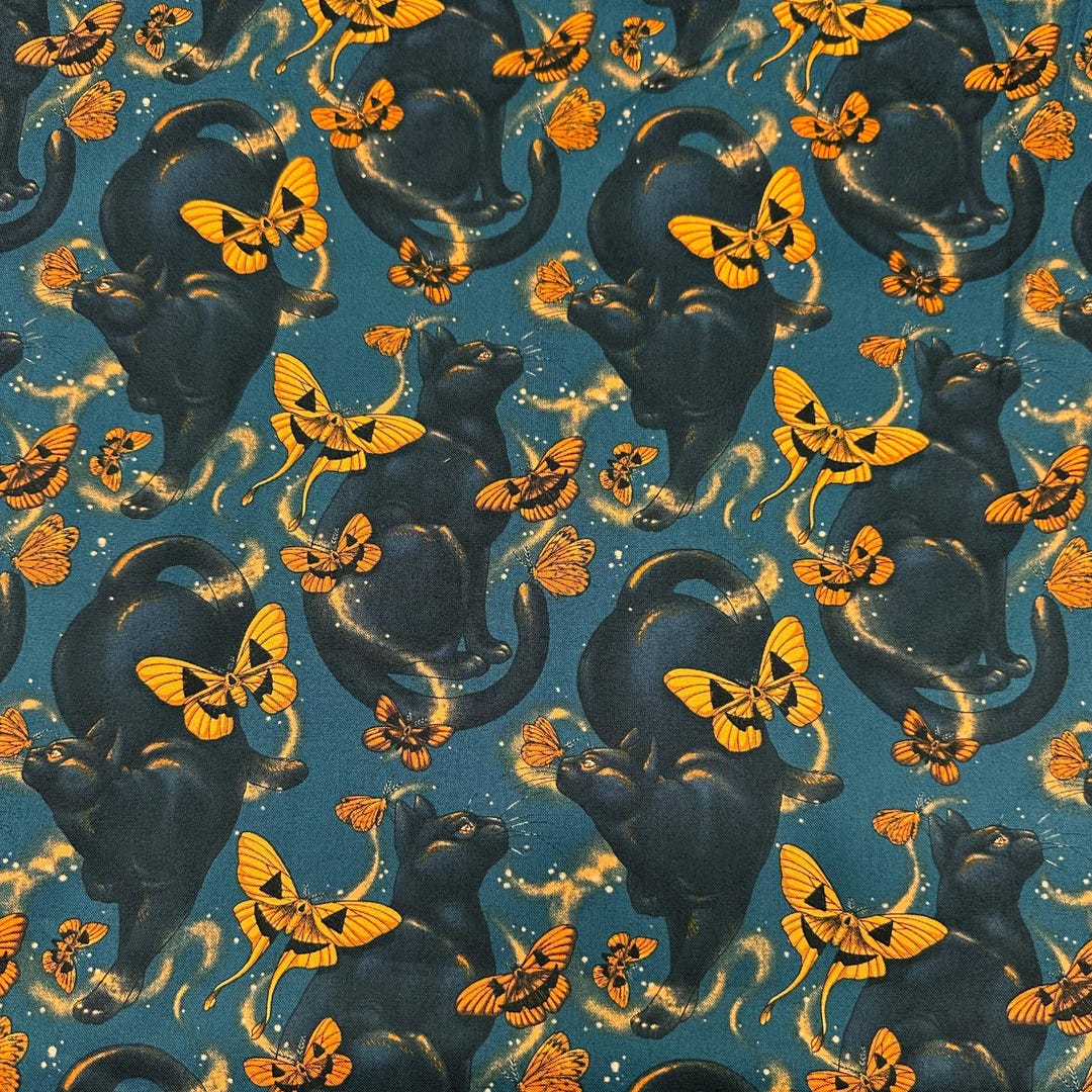 1 Yard Moth Cat - Turquoise, Mystic Moonlight by Rachel Hauer Cotton Fabric, Free Spirit Fabrics ...
