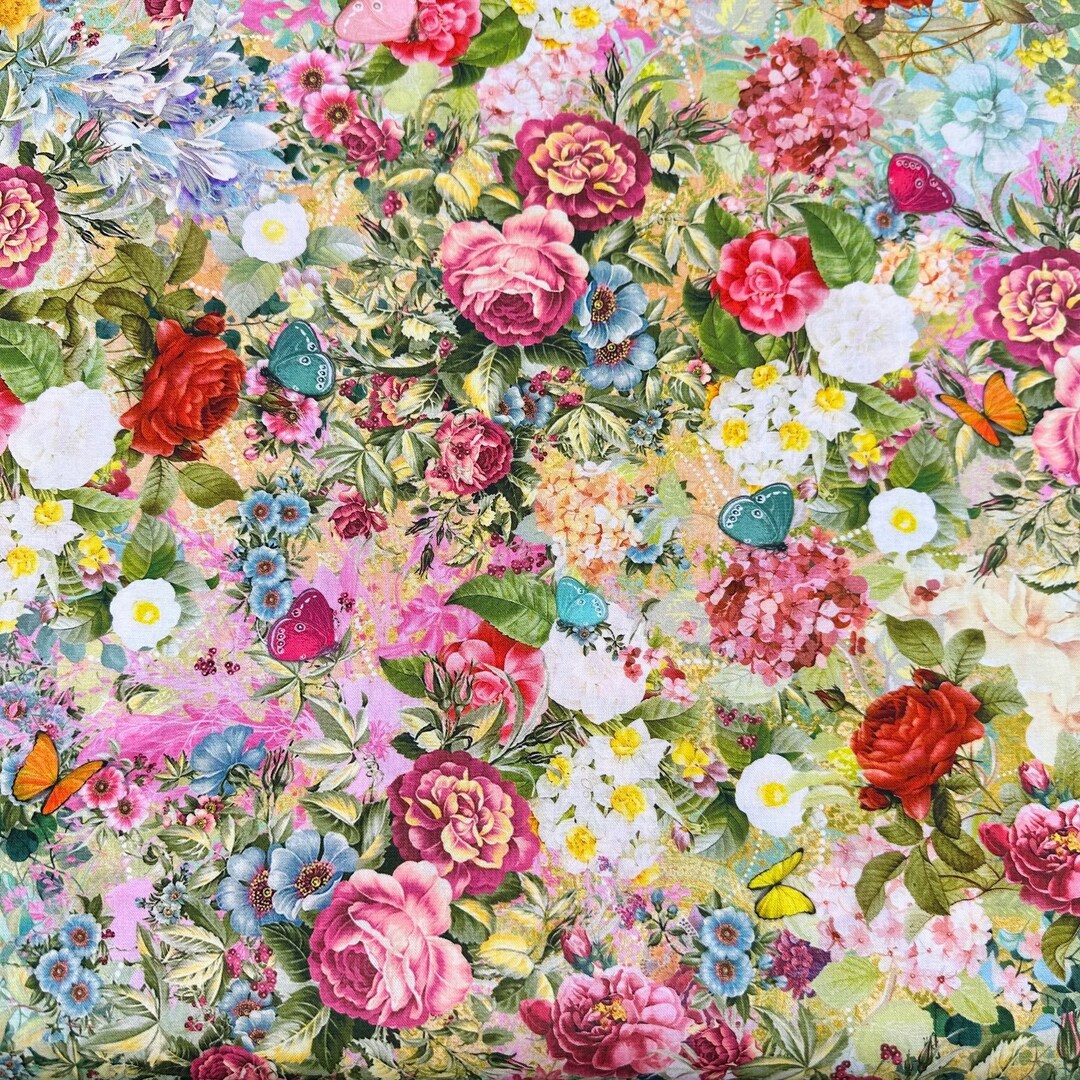 1 Yard Enchanted Aviary Flowers Butterflies Cotton Fabric by Robert ...
