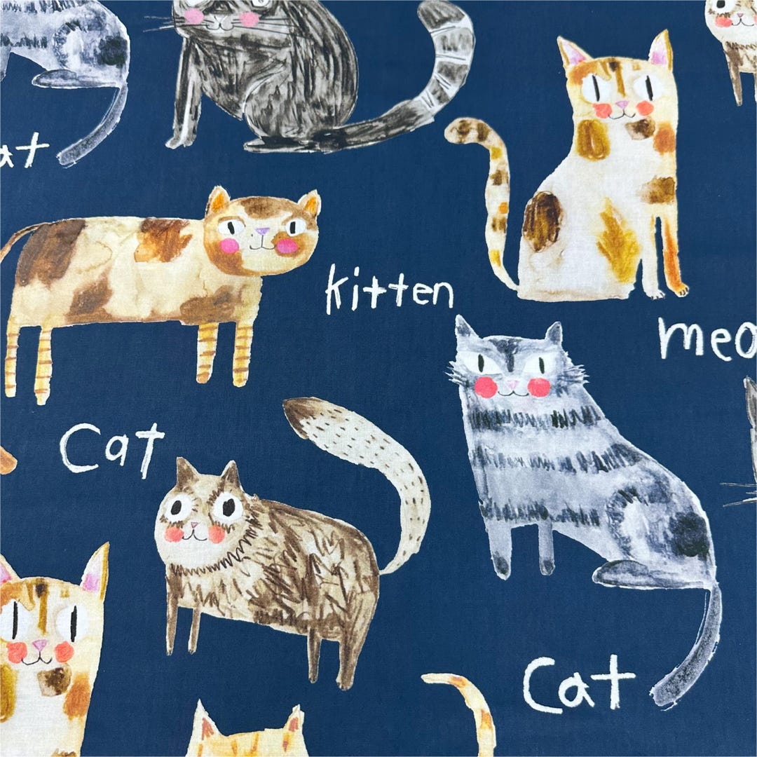 1 Yard Illustrated Kitties Cats Cotton Fabric, Maison De Fabric ...
