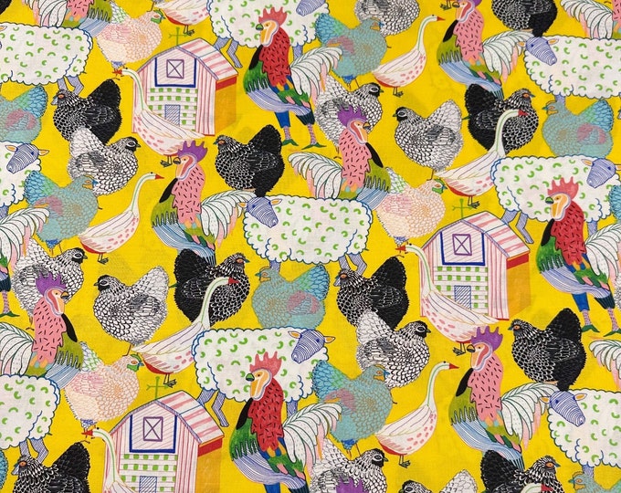 1 Yard Alexander Henry Rainbow Roost Lemon Cotton Fabric, Roosters ...