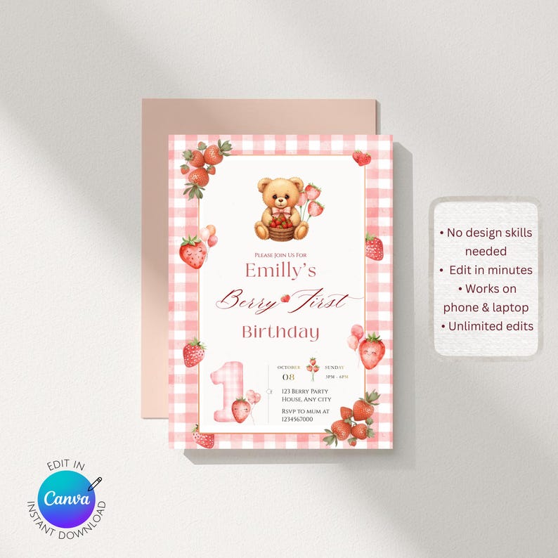 Editable Berry First Birthday Invitation Template, Printable Strawberry ...
