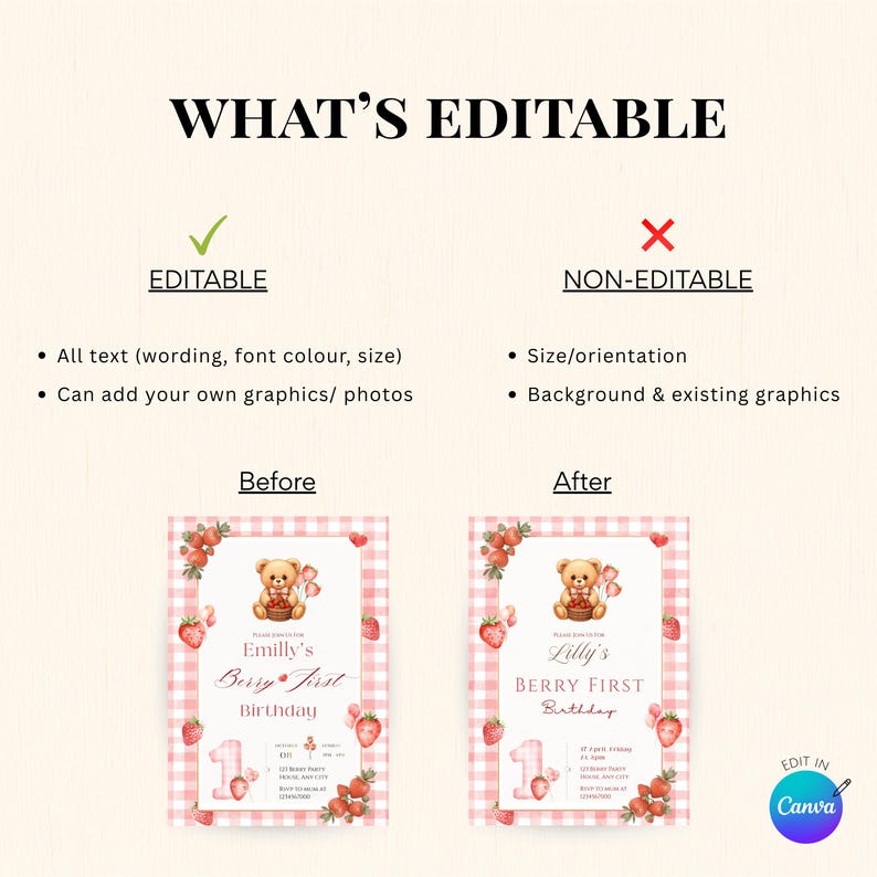 Editable Berry First Birthday Invitation Template, Printable Strawberry ...