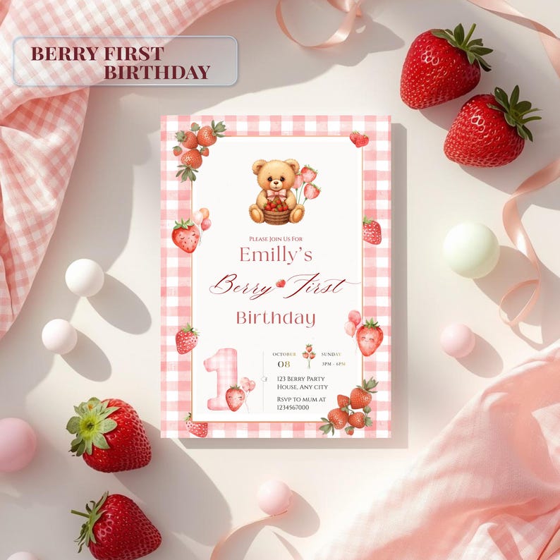 Editable Berry First Birthday Invitation Template, Printable Strawberry ...