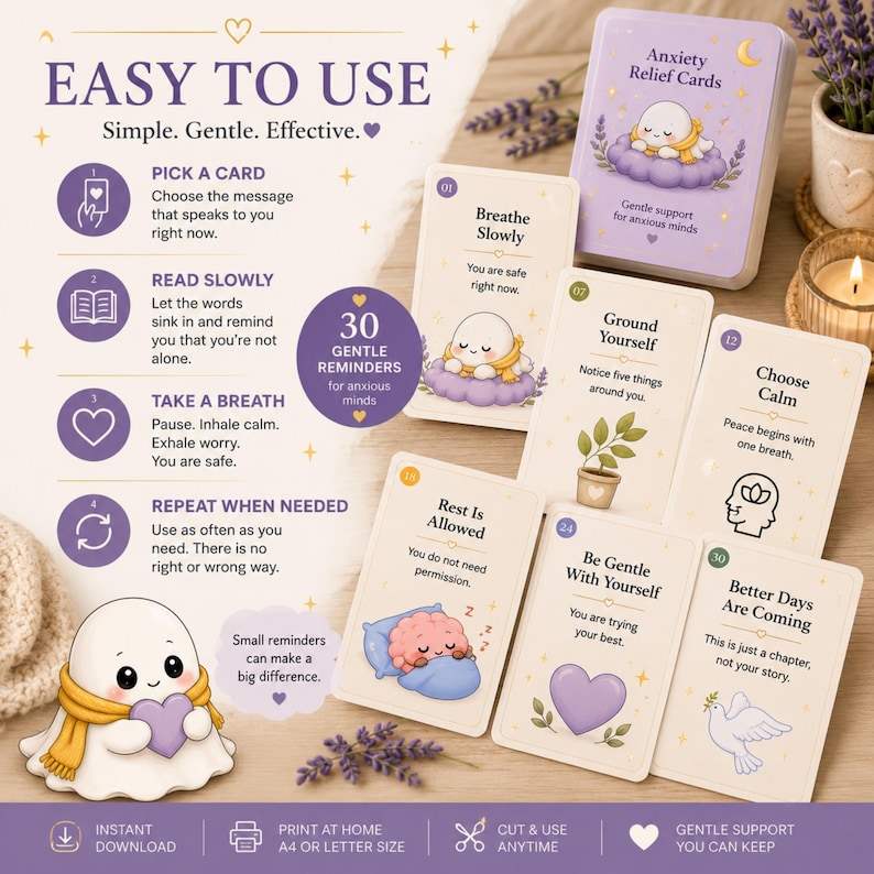 Anxiety Relief Cards Printable PDF | 30 Anxiety Coping Cards | Calming ...