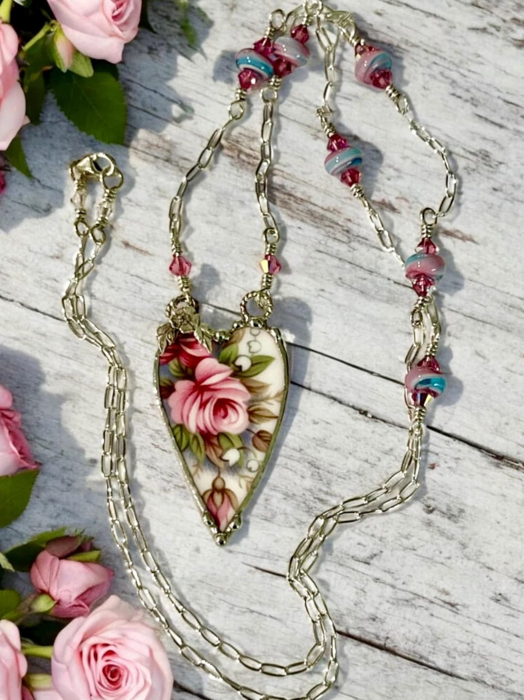 Necklace, Broken China Jewelry, Broken China Necklace, Heart Pendant ...