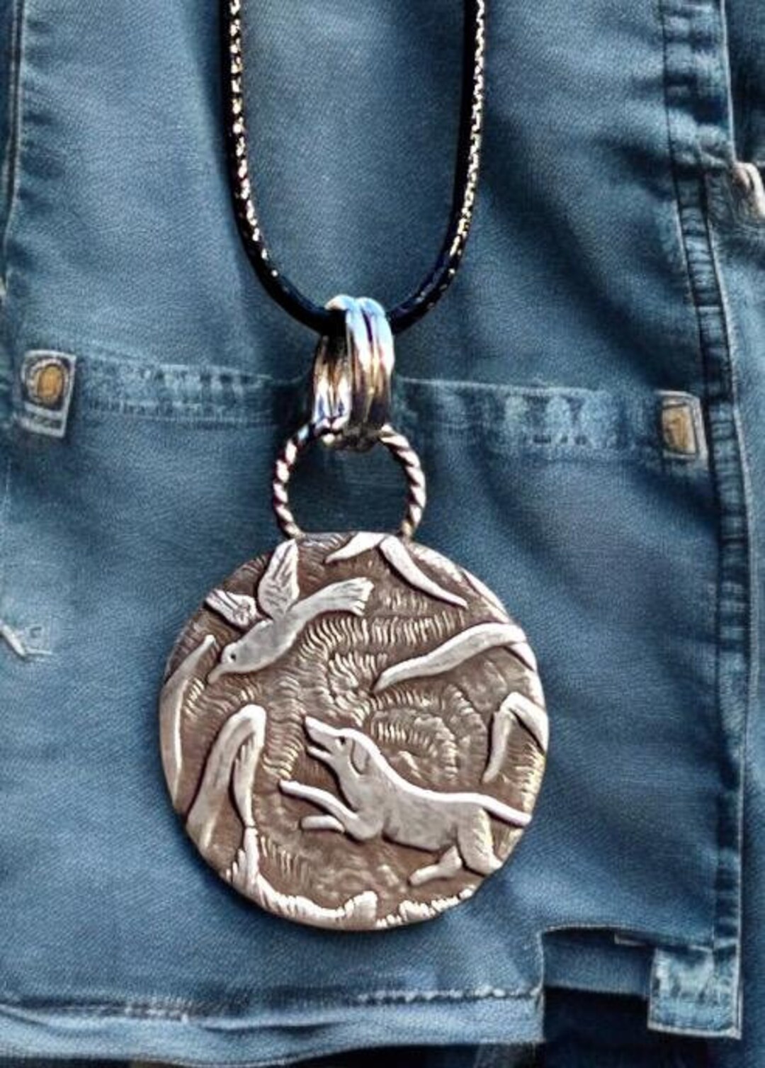 Pendant, Necklace, Sterling Silver Dog Chasing Bird Pendant, Hunting ...